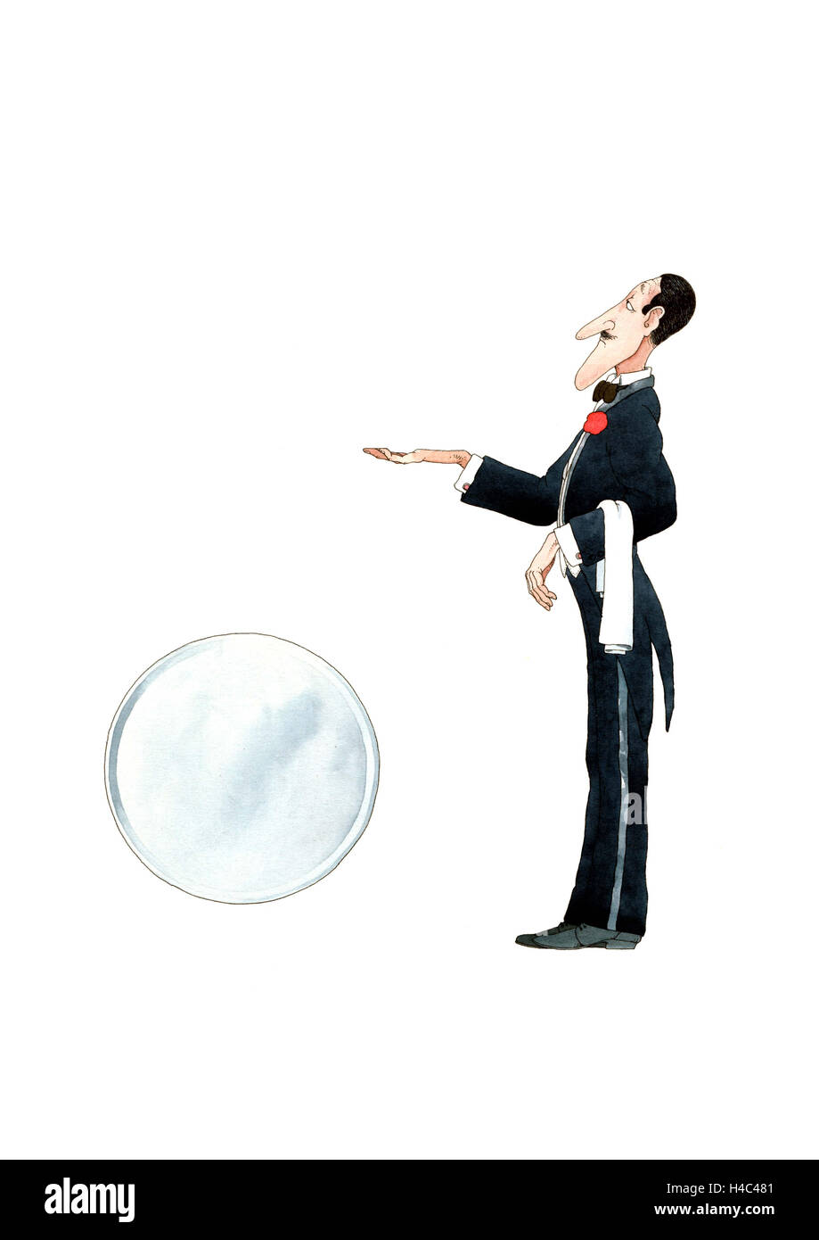 Head waiter with red carnation in gourmet restaurant with serving tay ...