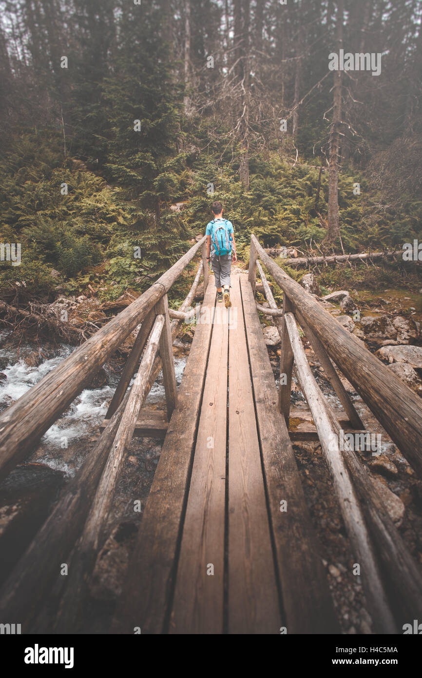 Boy going across wooden bridge over mountain river Stock Photo - Alamy