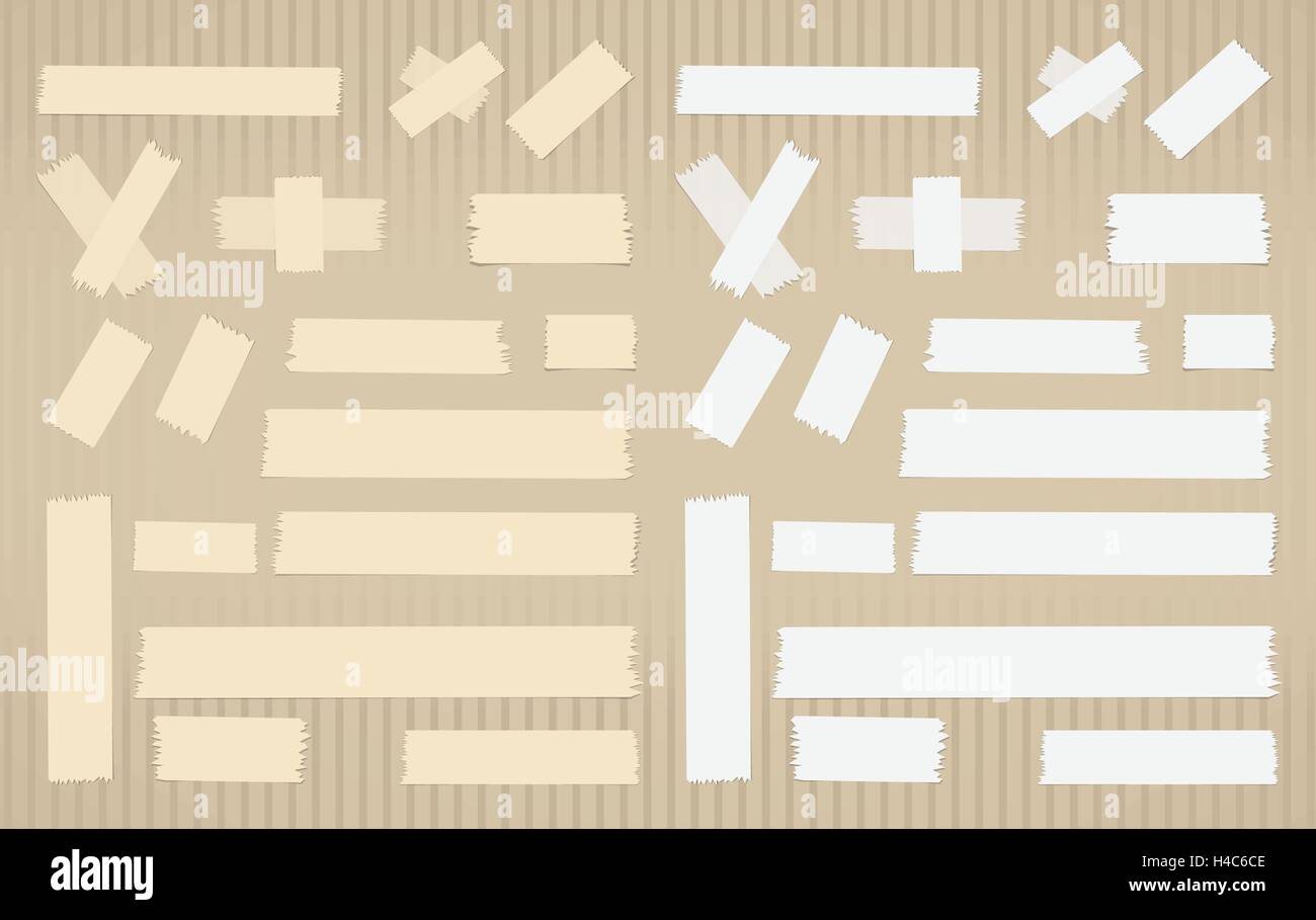 Pieces of different size sticky, adhesive masking tape are on brown ...