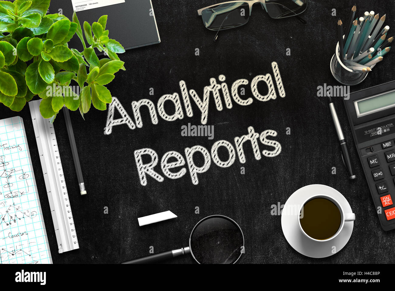 Analytical Reports on Black Chalkboard. 3D Rendering Stock Photo - Alamy