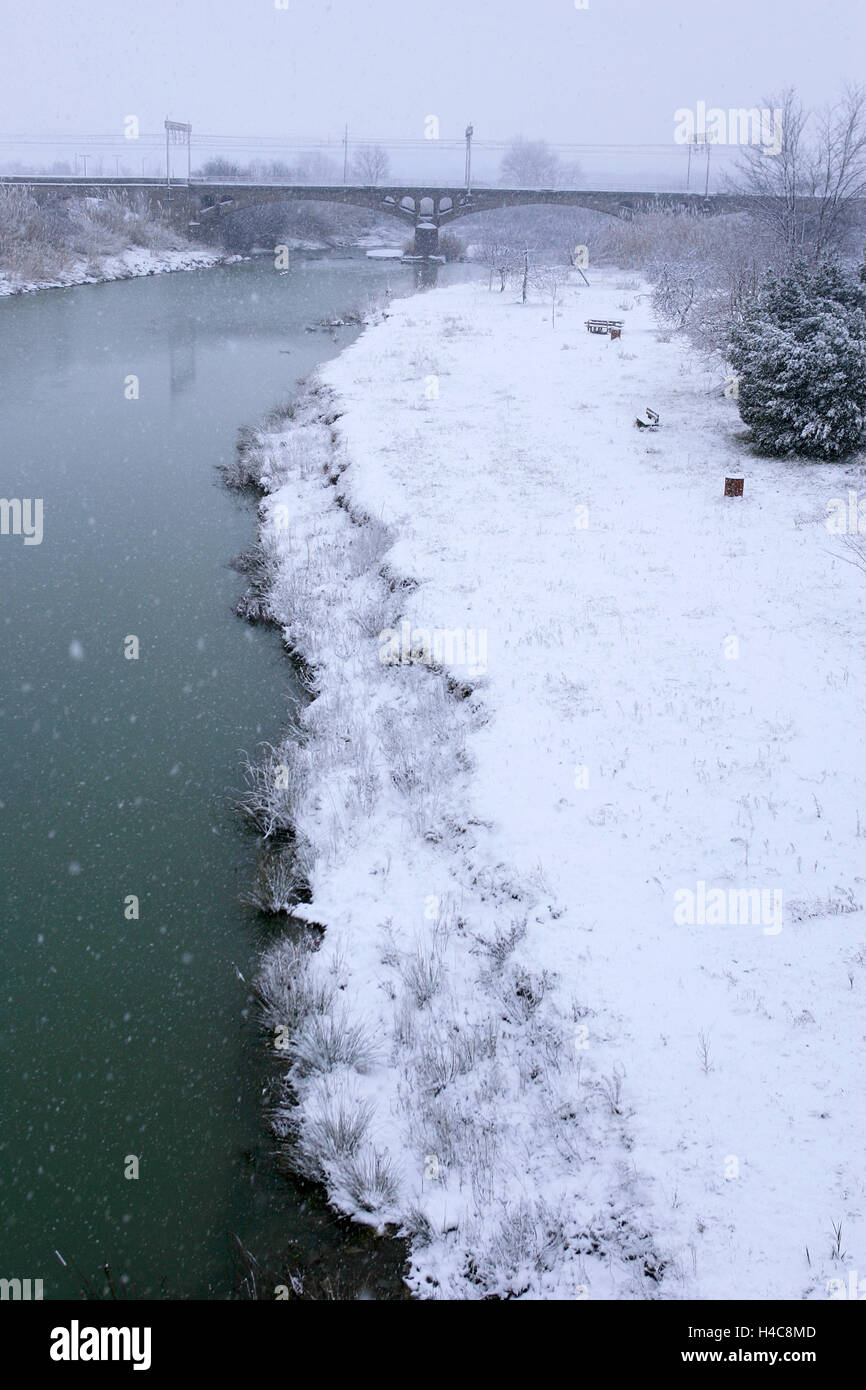 Cecina, Livorno, Tuscany - snowfall in the city, the bridge on the ...