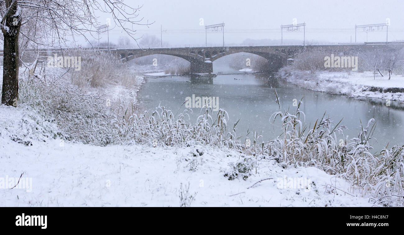 Cecina, Livorno, Tuscany - snowfall in the city, the bridge on the ...