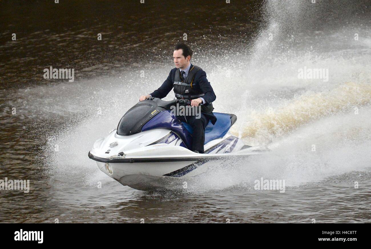 Comedian Jimmy Carr rides a jet ski in Whitby harbour as Jeremy ...