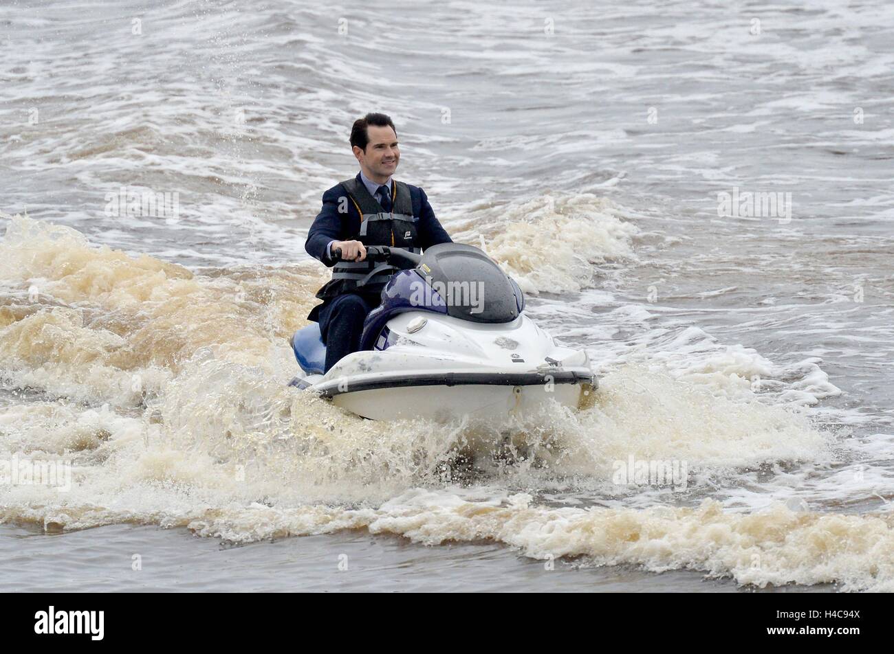 Comedian Jimmy Carr rides a jet ski in Whitby harbour as Jeremy ...