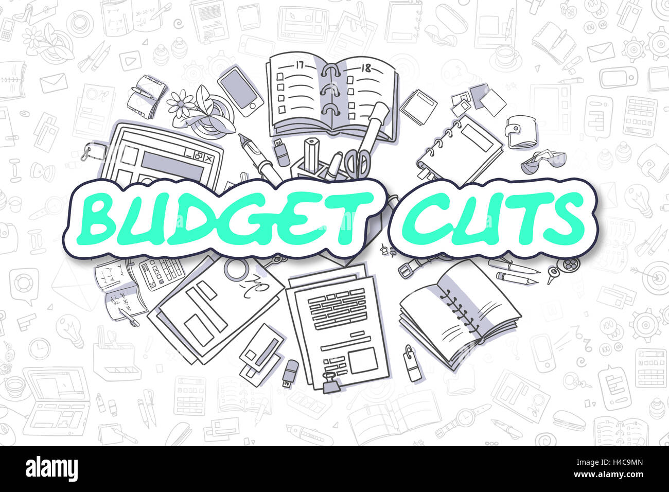 Budget Cuts - Cartoon Green Word. Business Concept Stock Photo - Alamy