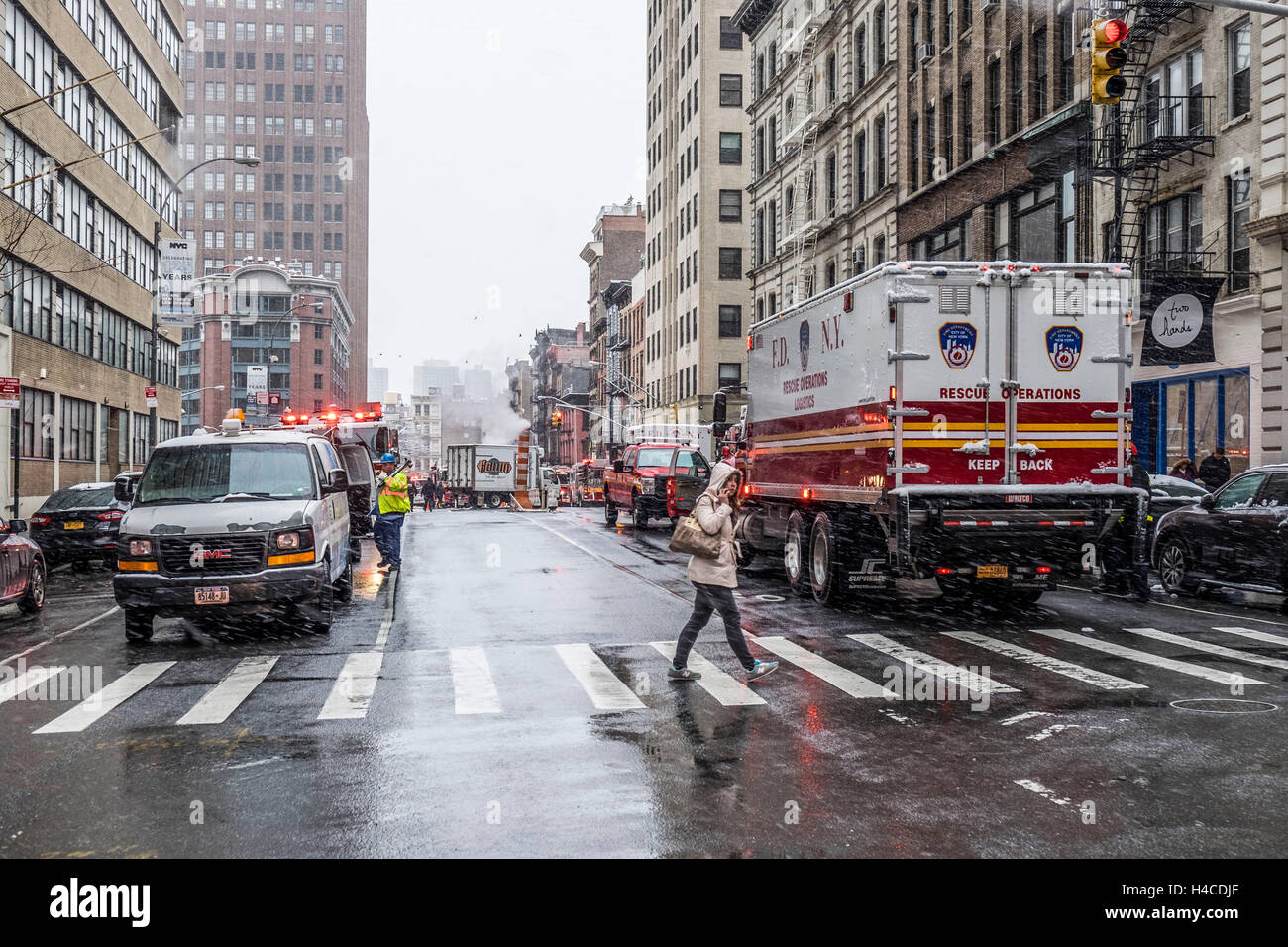 Fire brigade and police entry with an emergency in New York Stock Photo ...