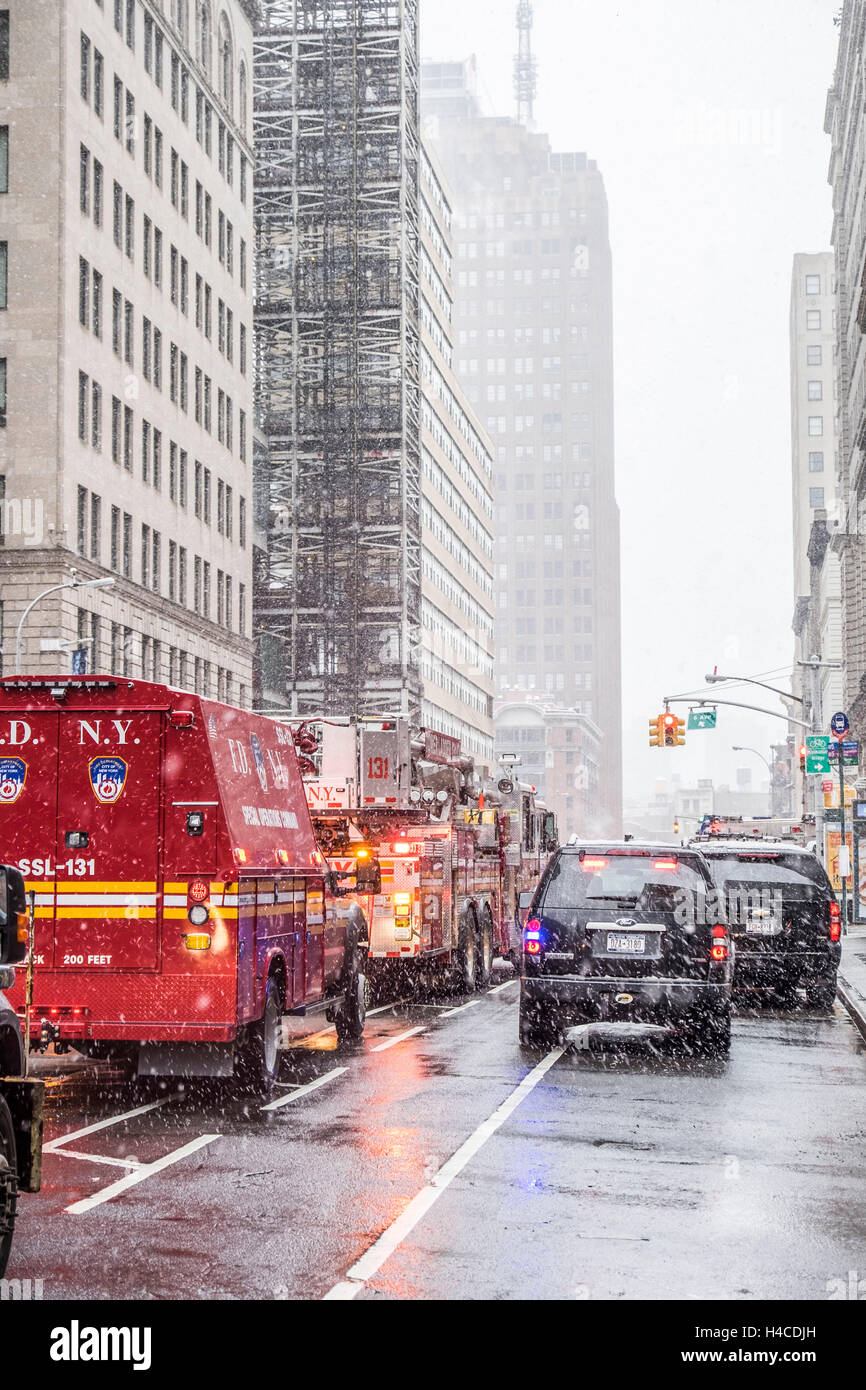 Fire brigade and police entry with an emergency in New York Stock Photo ...