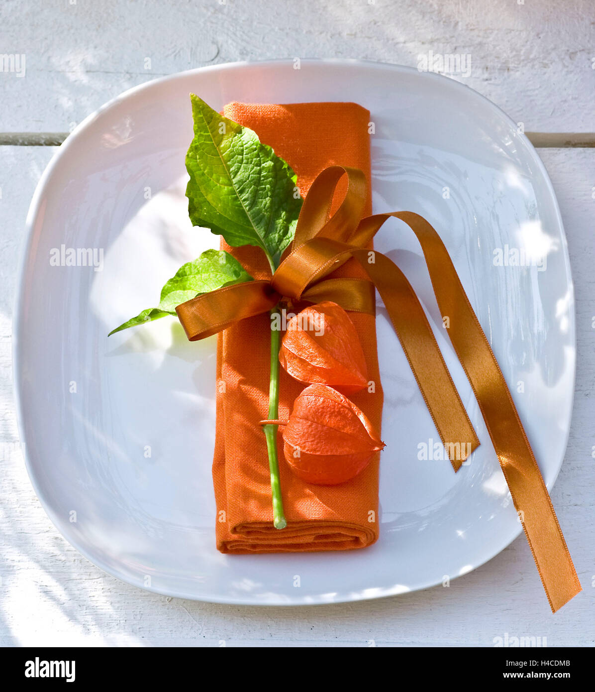 Underplate with napkin and Physalis Stock Photo - Alamy