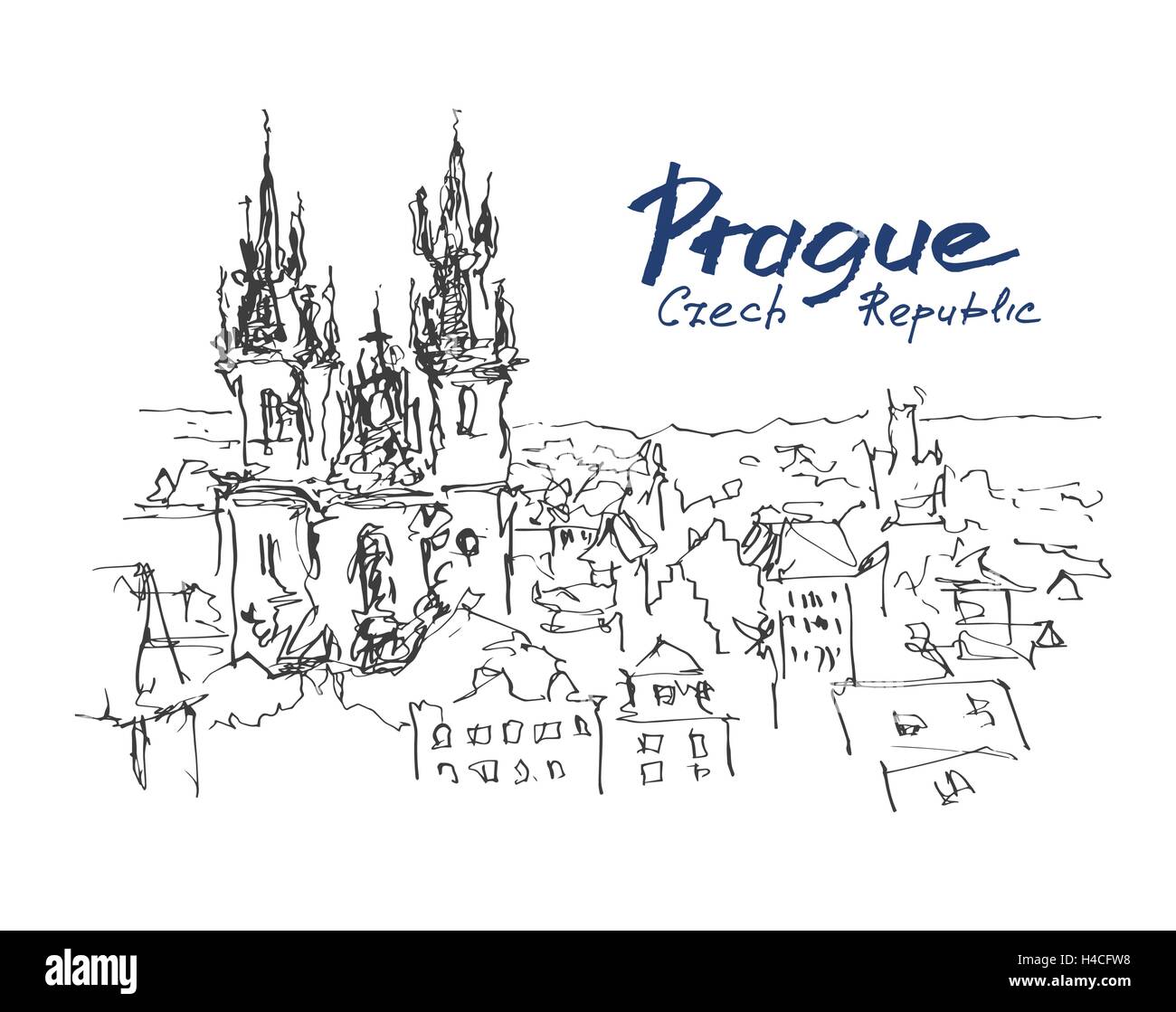 drawing of Prague old town top cityscape with hand lettering ins Stock ...