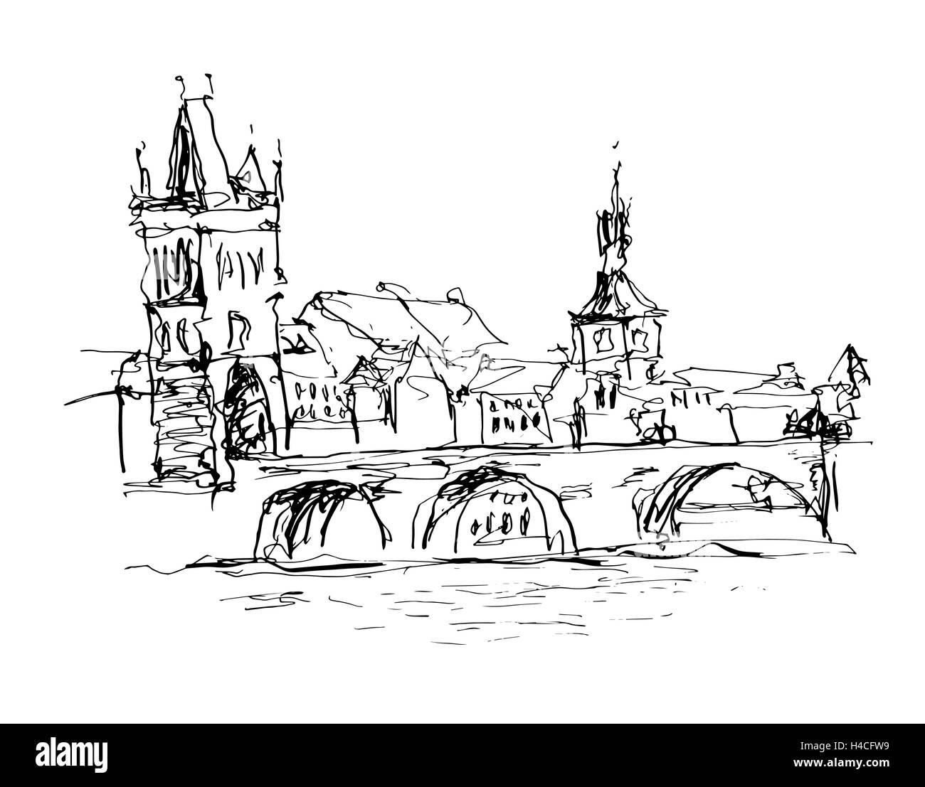 black and white ink sketch line drawing of Prague old town top c Stock ...