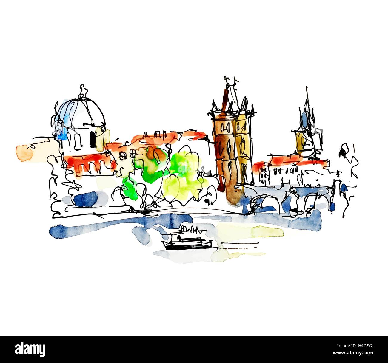 watercolor freehand sketch drawing of Prague Czech Republic top Stock ...