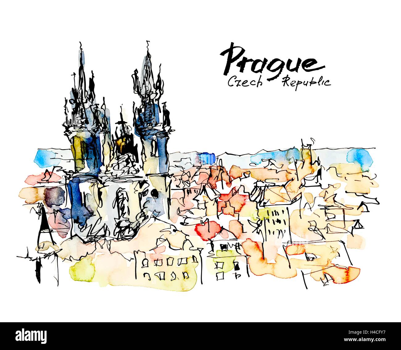 watercolor freehand sketch drawing of Prague Czech Republic top Stock ...