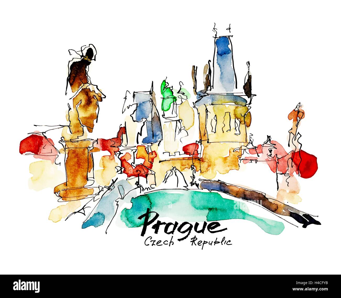 watercolor freehand sketch drawing of Prague Czech Republic top Stock ...