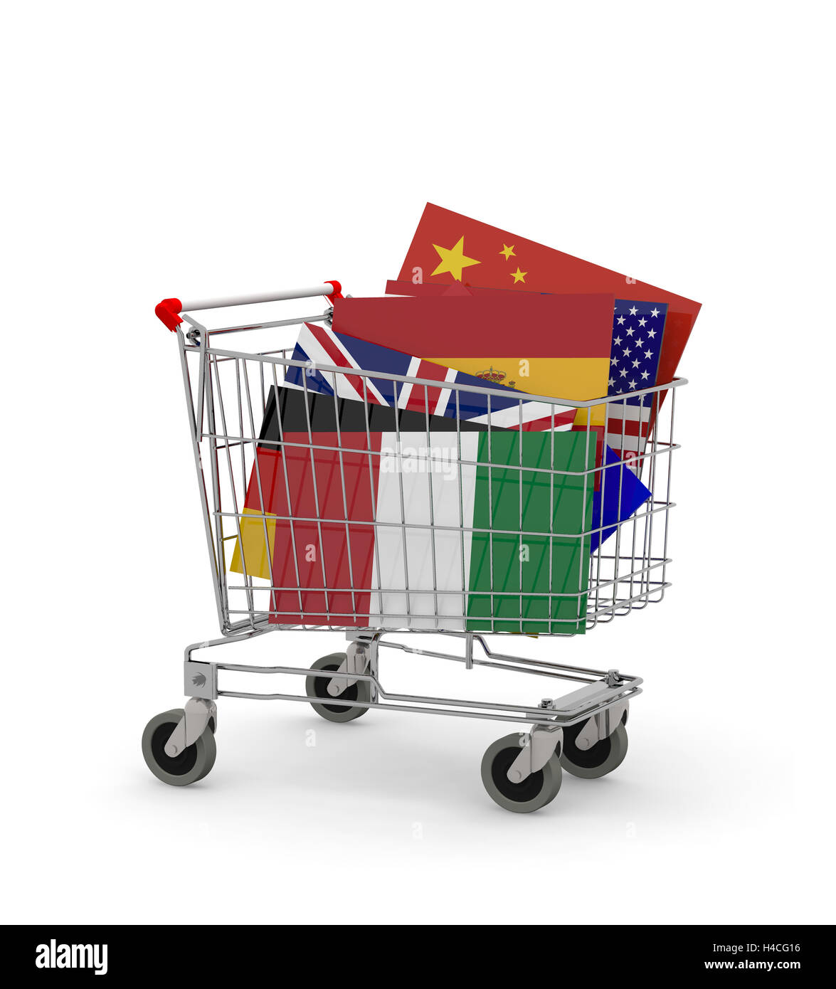 Shopping cart with many Flags inside, 3d illustration Stock Photo - Alamy