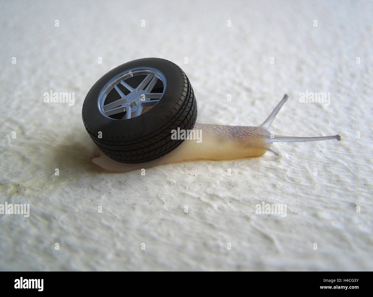 snail with a wheel of car instead of its shell, 3d illustration Stock ...