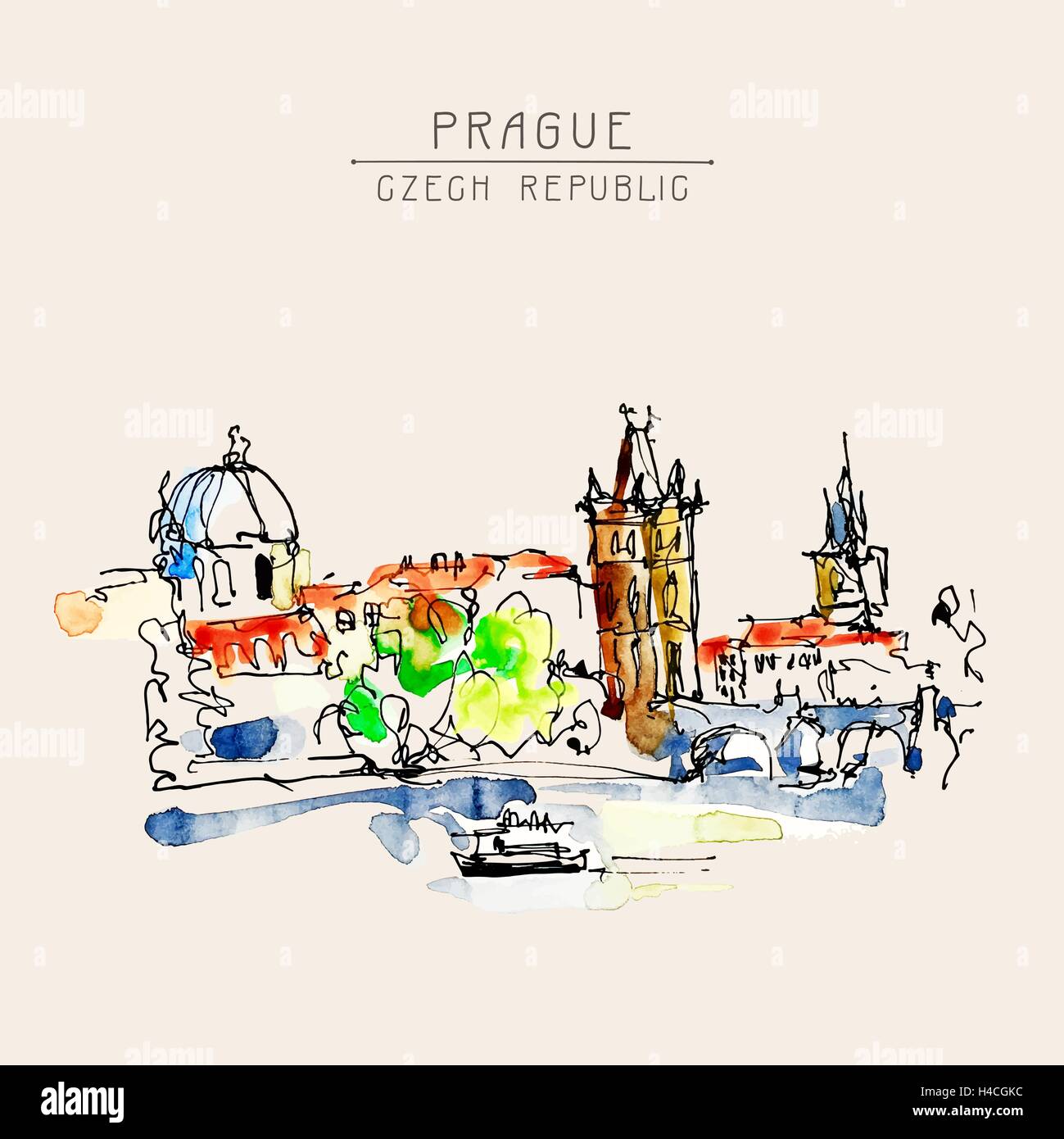 watercolor freehand sketch drawing of Prague Czech Republic top Stock ...