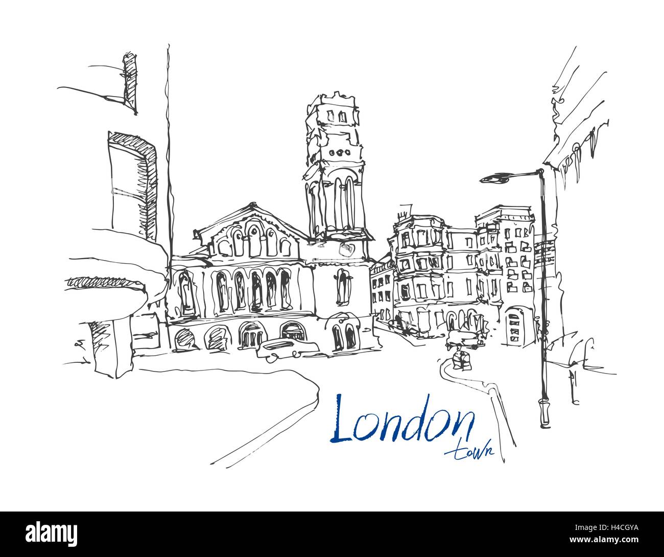 ink sketch drawing of famous place in London with hand lettering Stock ...