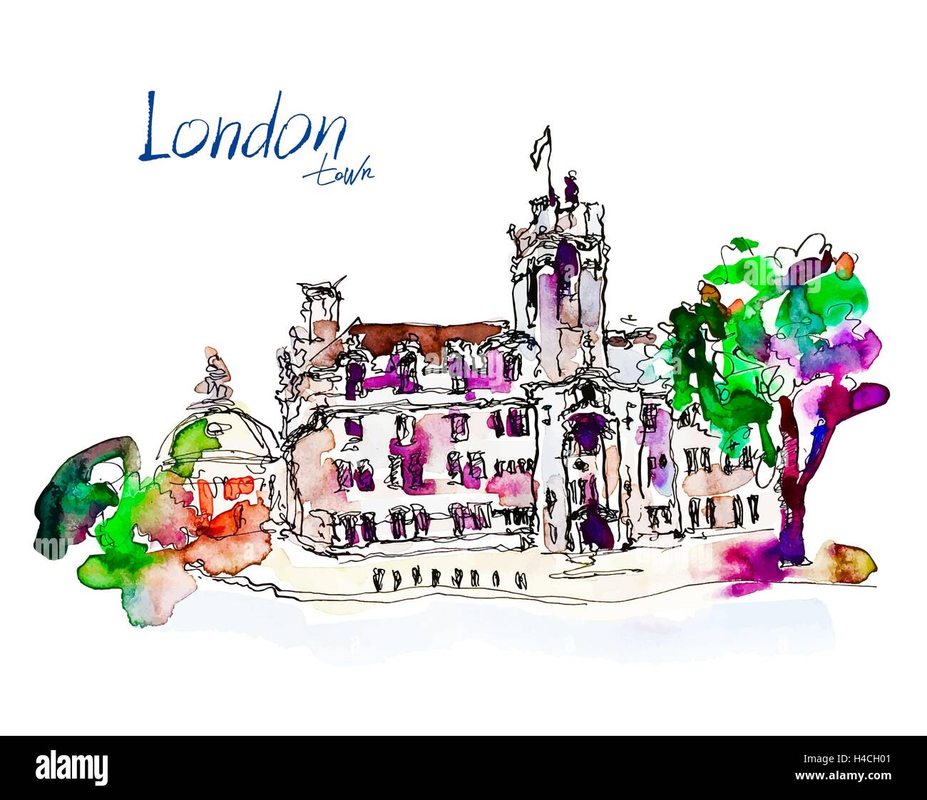 watercolor sketch drawing of London street landscape view with h Stock ...