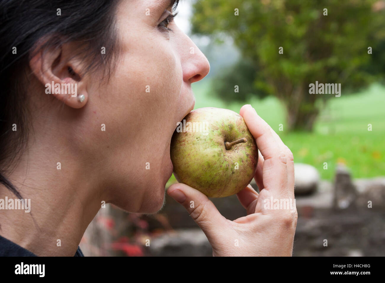 woman biting apple Stock Photo - Alamy