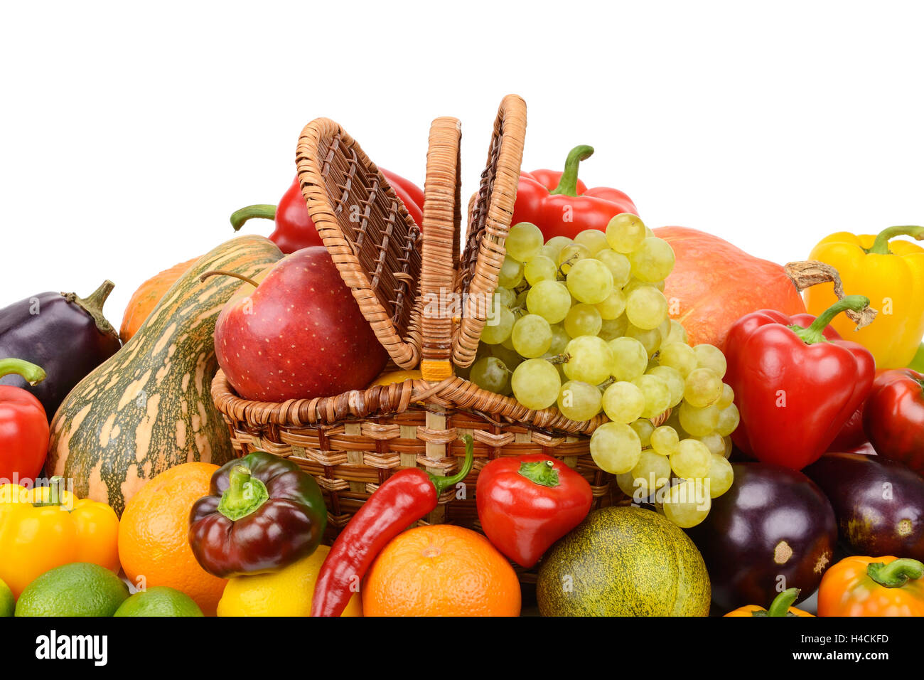vegetables and fruits in a basket isolated on white background Stock ...