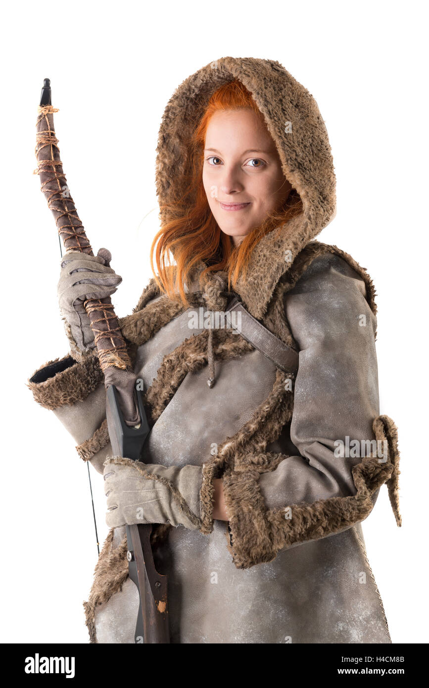 girl archer in a costume with bow isolated in white Stock Photo - Alamy