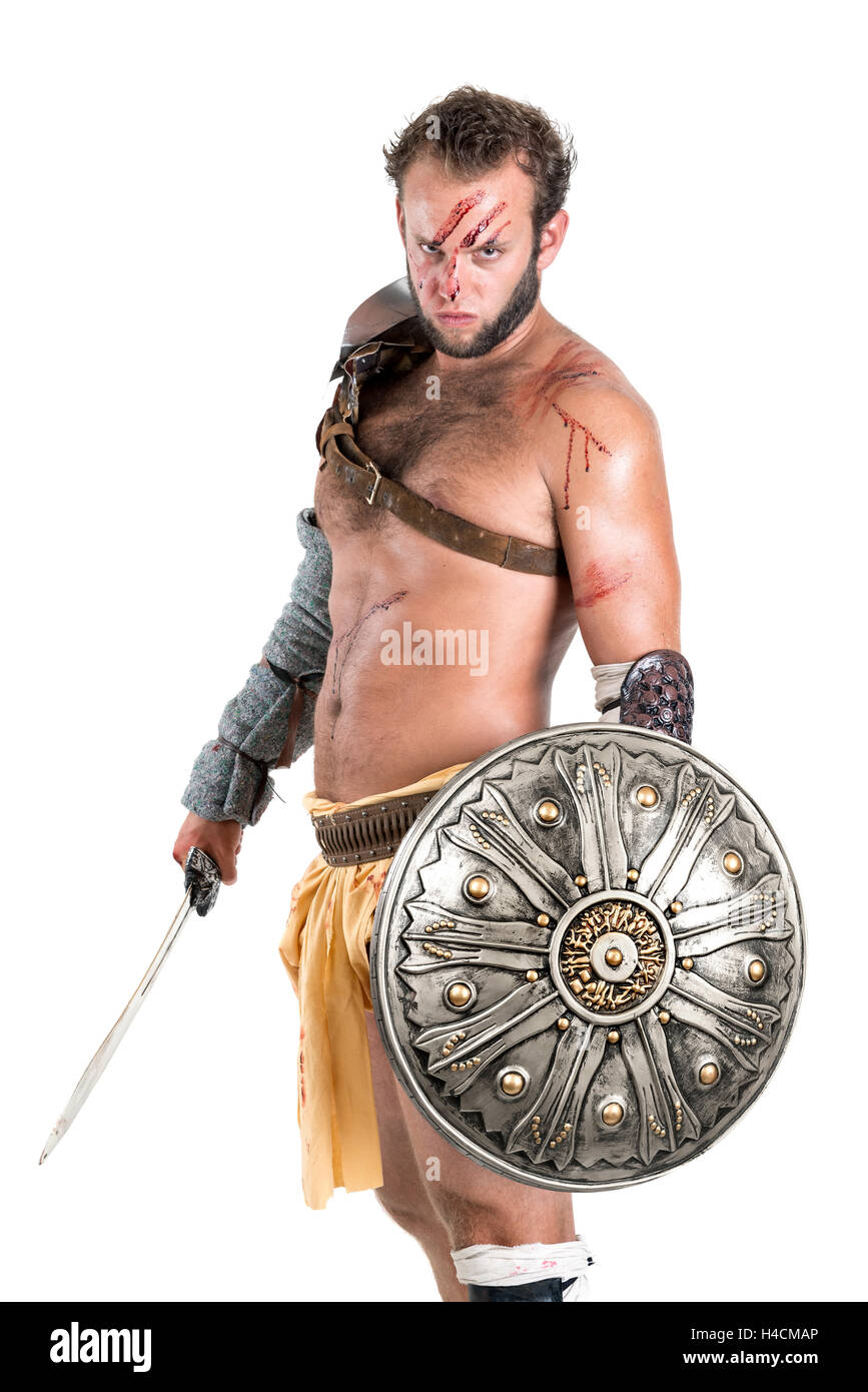 Ancient warrior or Gladiator isolated in a white background Stock Photo ...