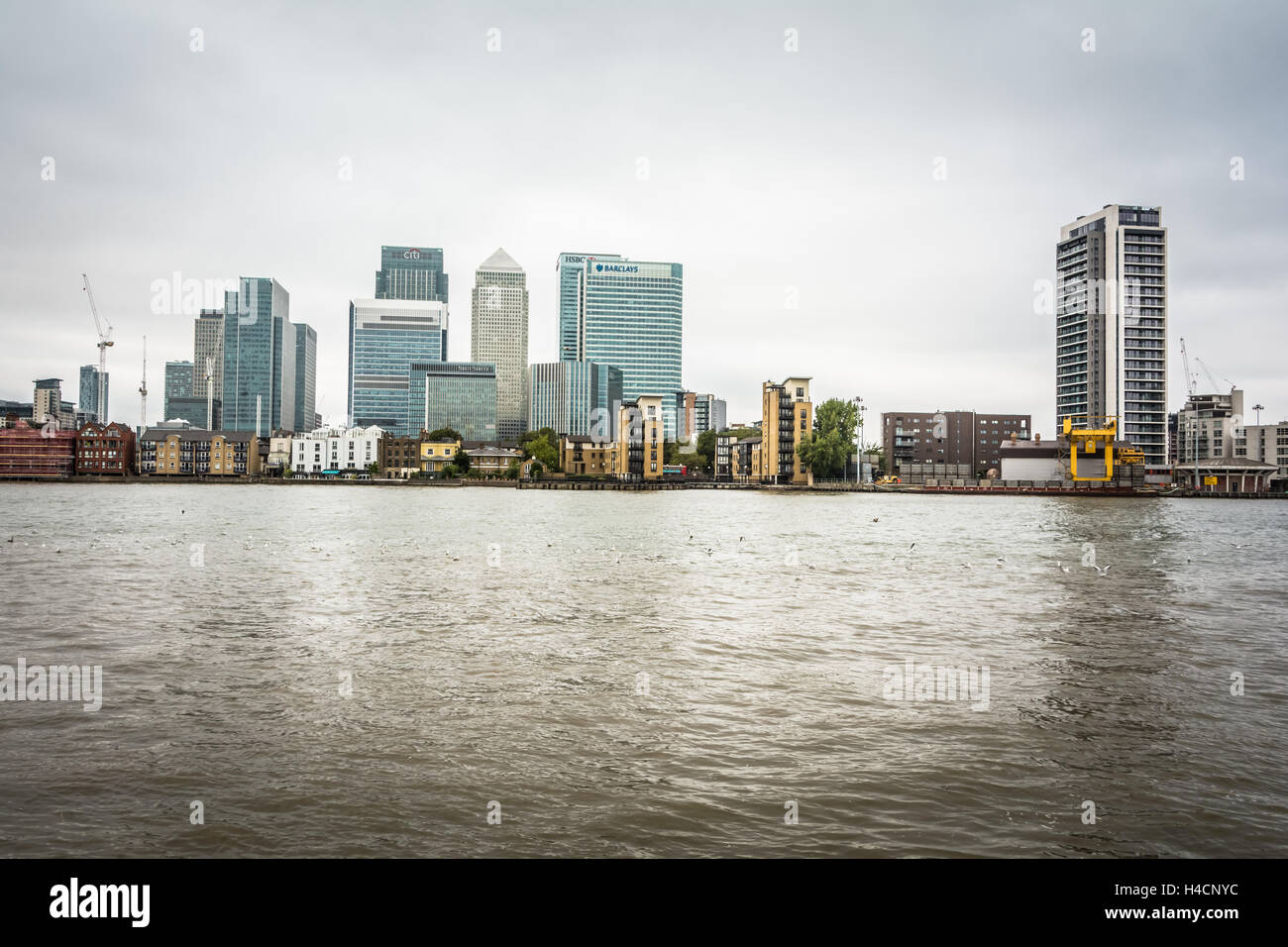 Riverside development in the city of London at Canary Wharf, UK Stock ...