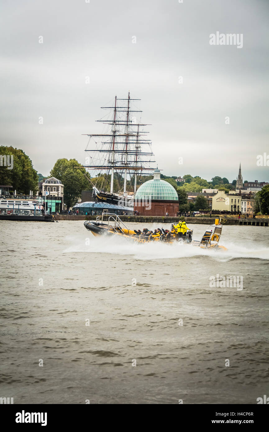 The renovated Cutty Sark Tea Clipper viewed from the River Thames ...