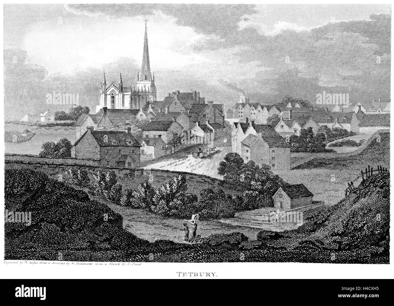 An engraving of Tetbury, Gloucestershire UK scanned at high resolution ...