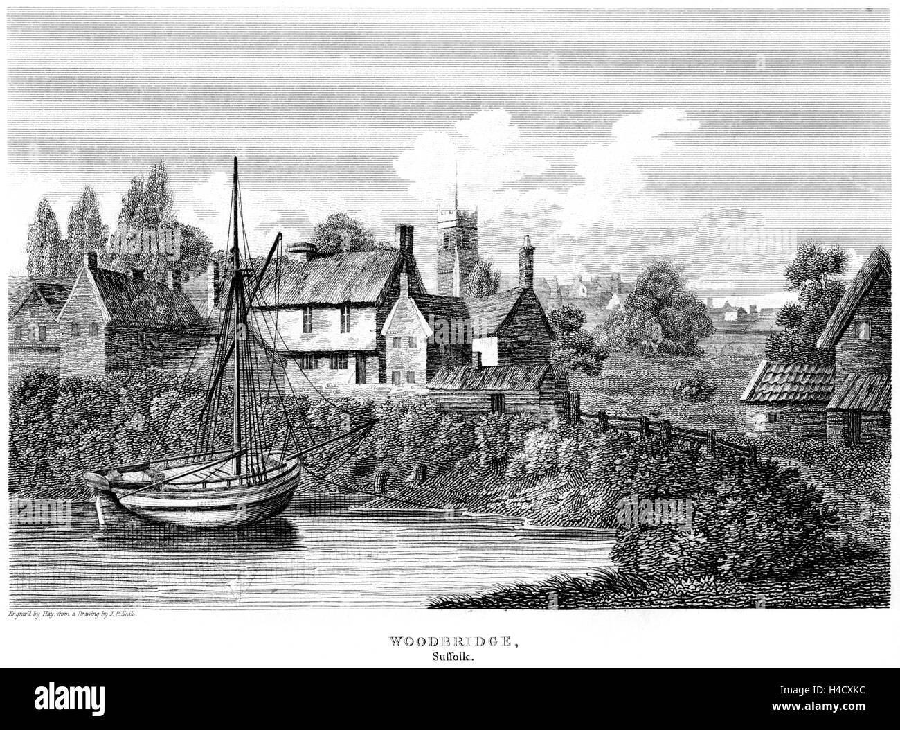 An engraving of the village of Woodbridge, Suffolk UK scanned at high ...