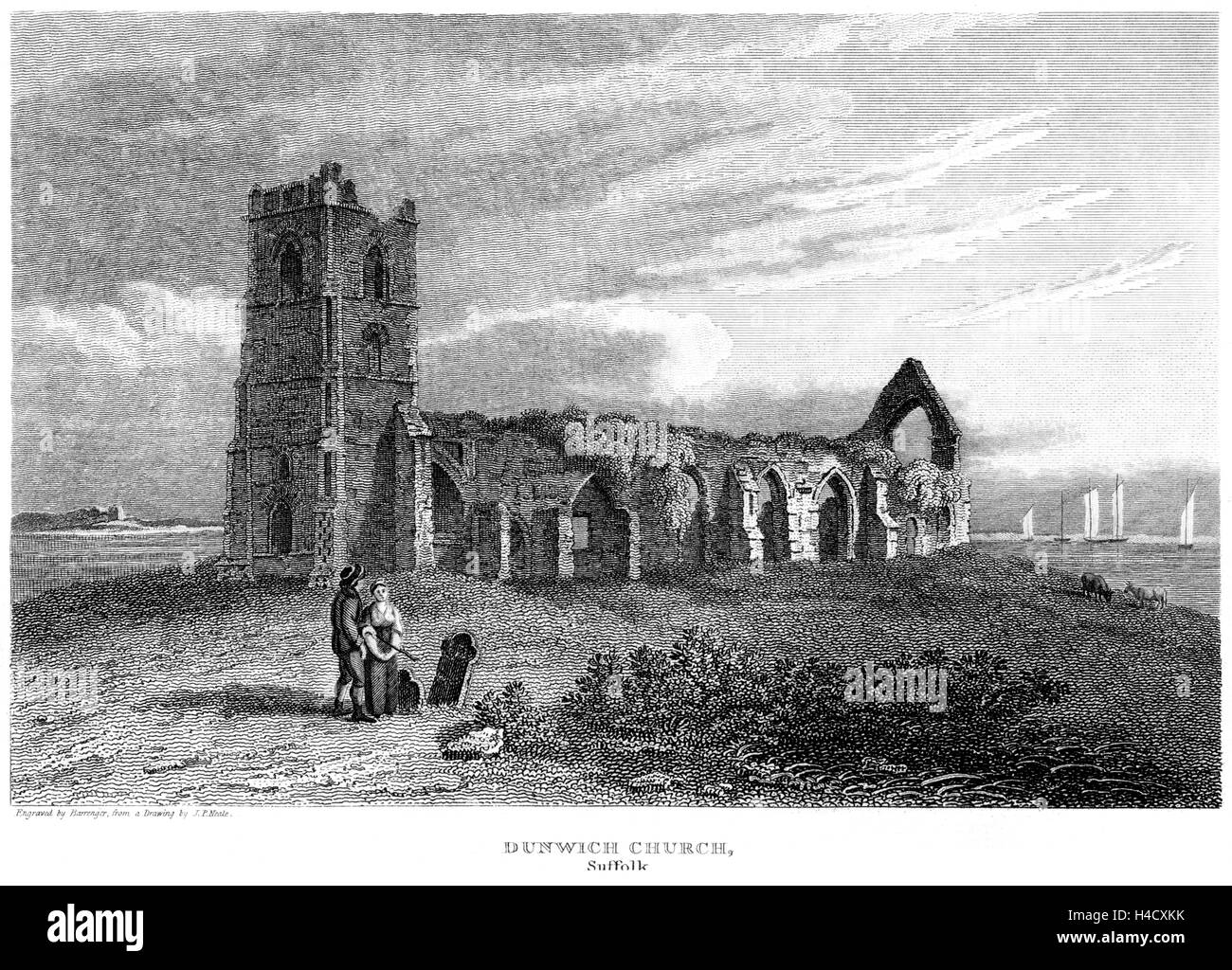 An engraving of Dunwich Church, (presumably All Saints) Suffolk UK ...