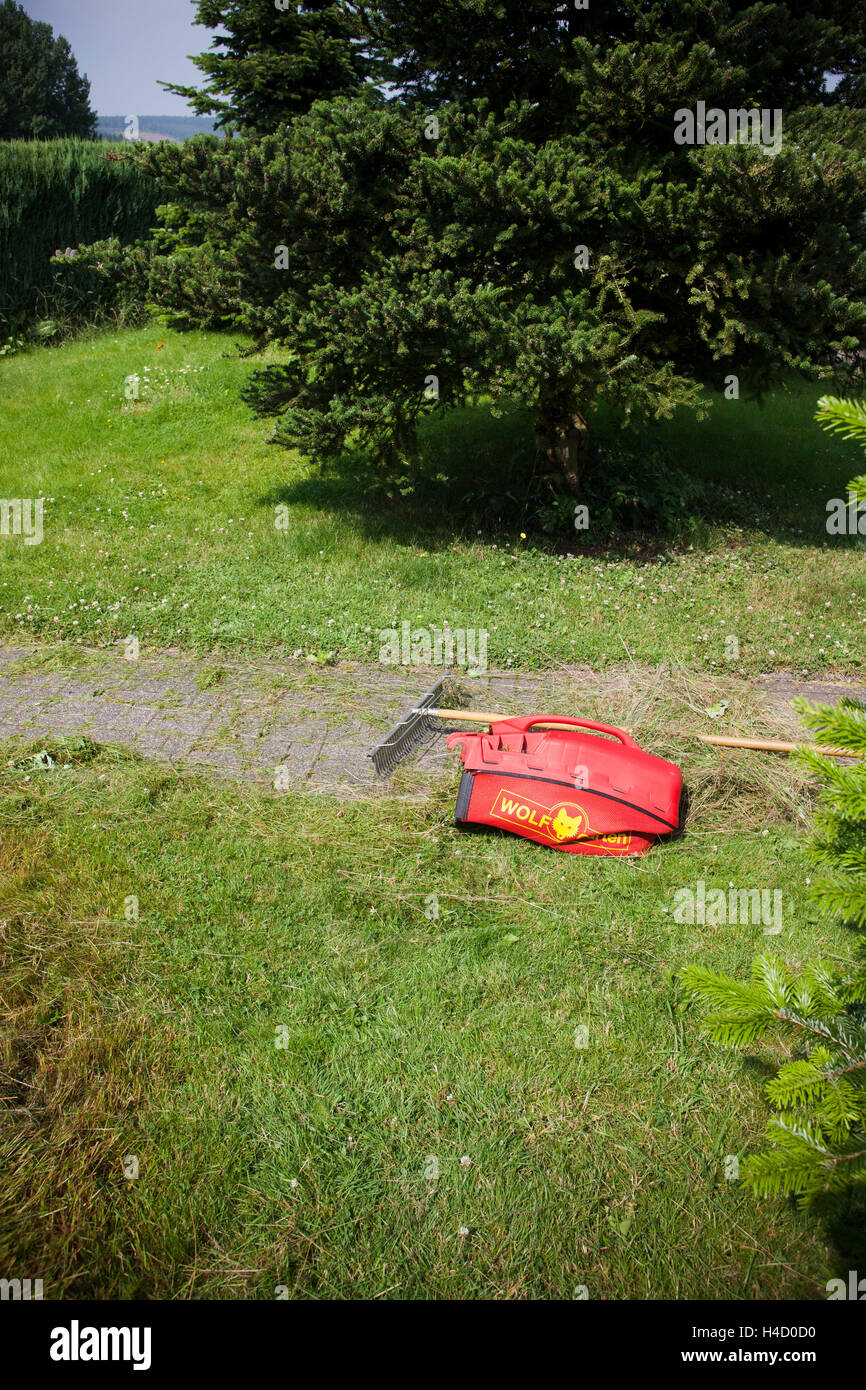 Grass box of a lawn mower beside rake in the garden Stock Photo - Alamy