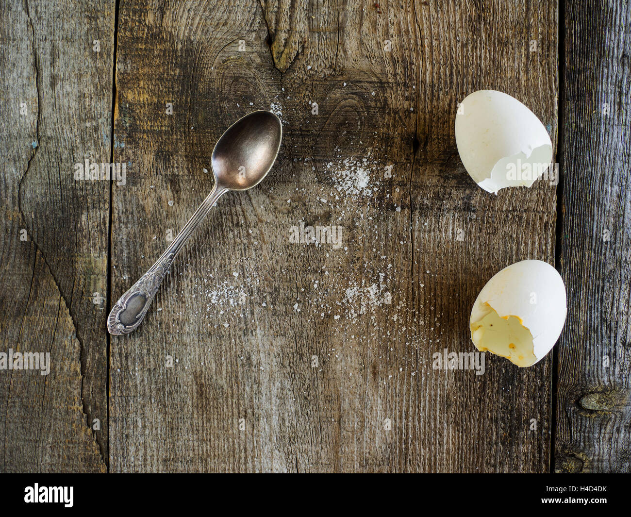 egg shells from eaten boiled eggs on old wooden weathering table Stock ...