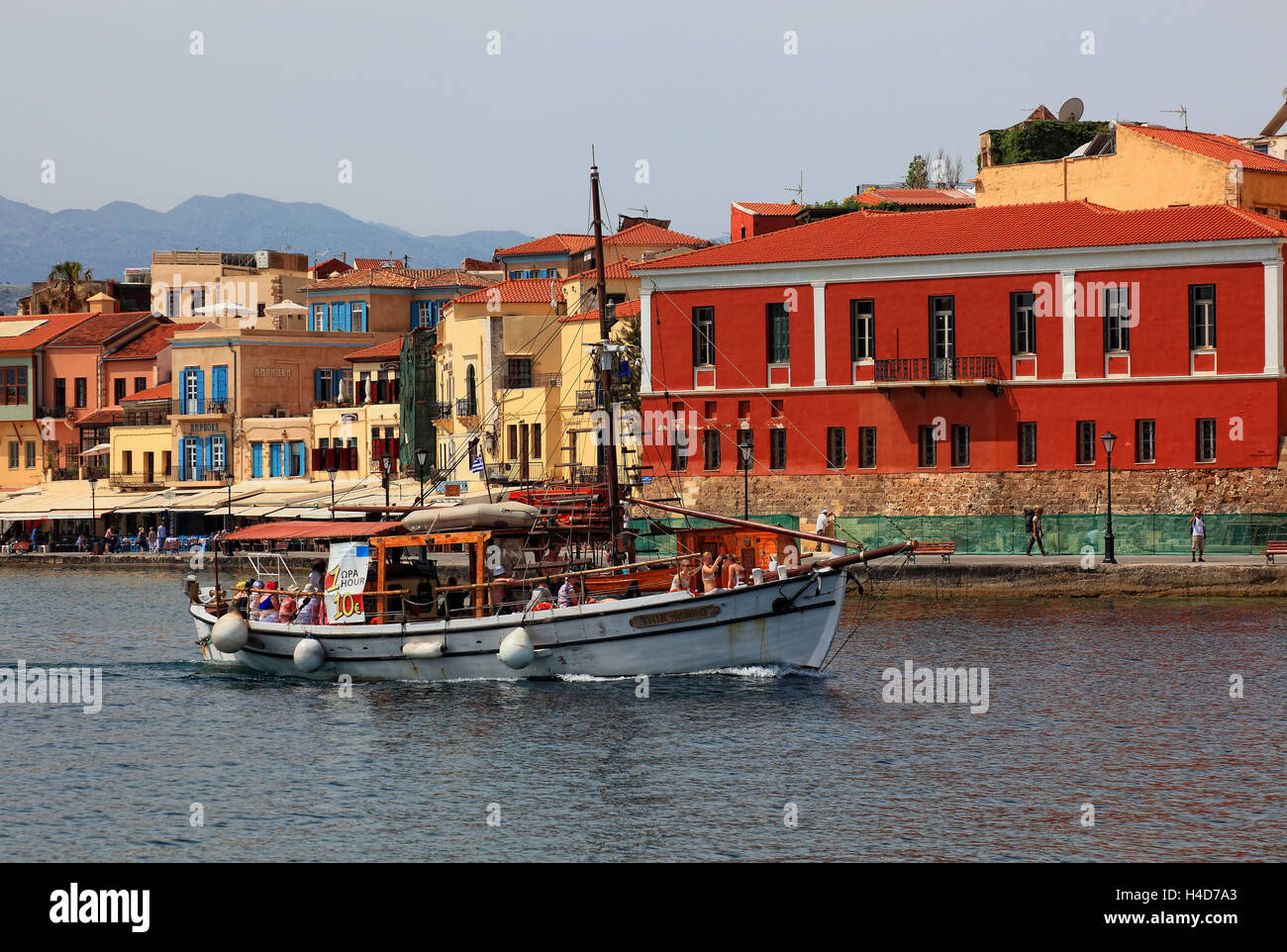 Crete, port Canea, Old Town in the harbour, tourist boat Stock Photo ...