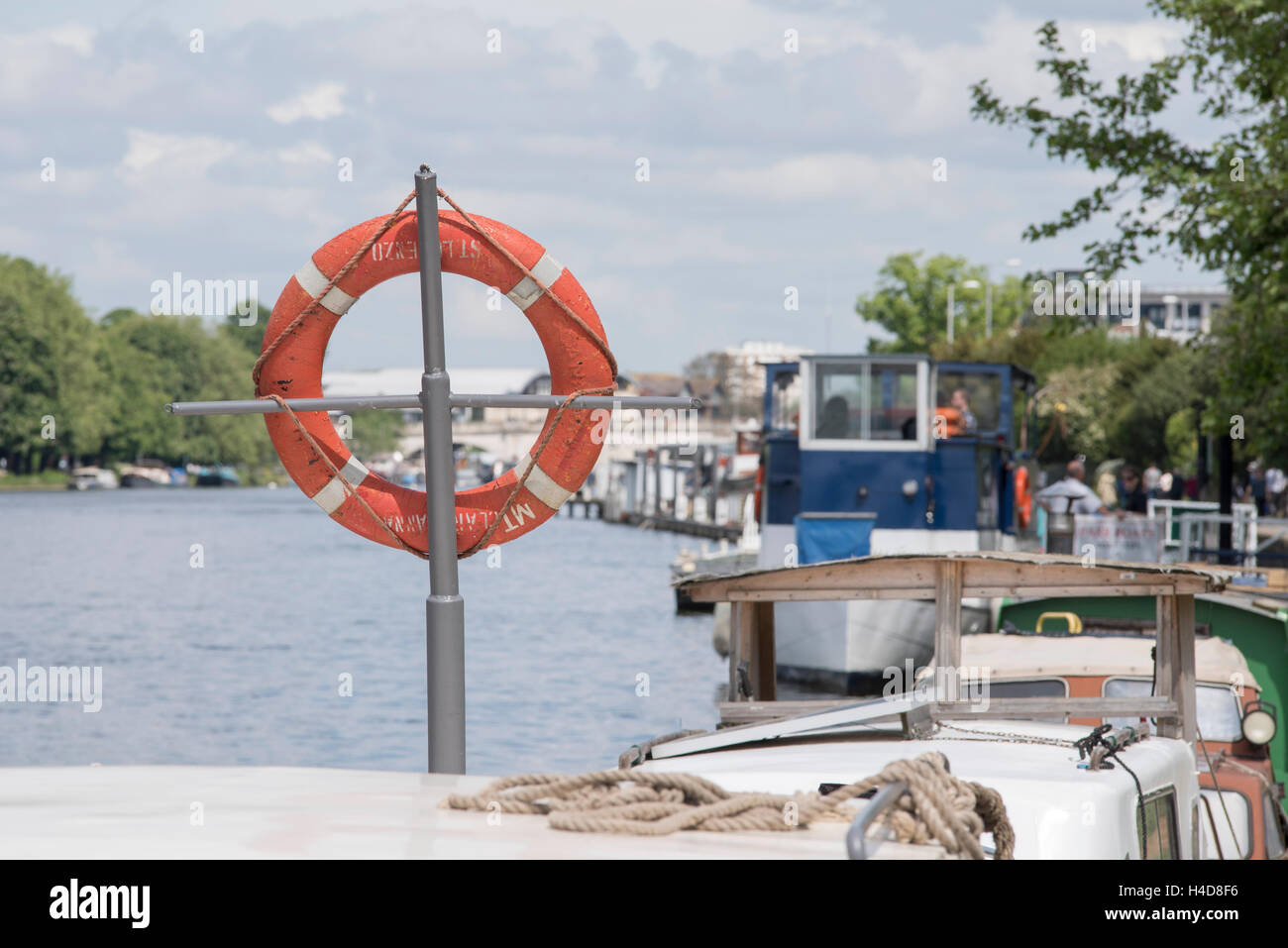 A life ring on a boat on the River Thames at Kingston upon Thames Stock ...