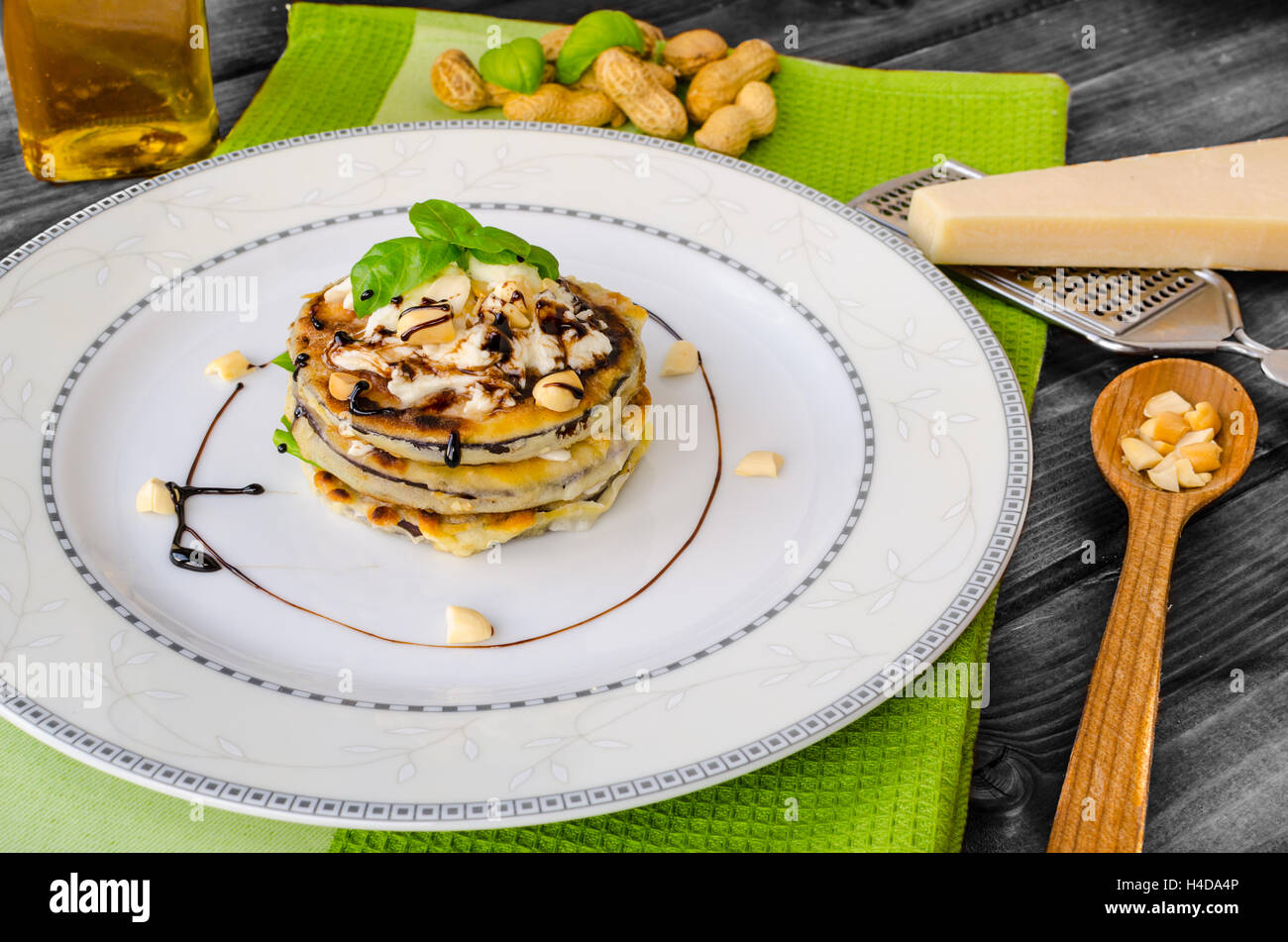 Grilled eggplant with feta cheese, parmesan, basil, nuts and balsamic ...