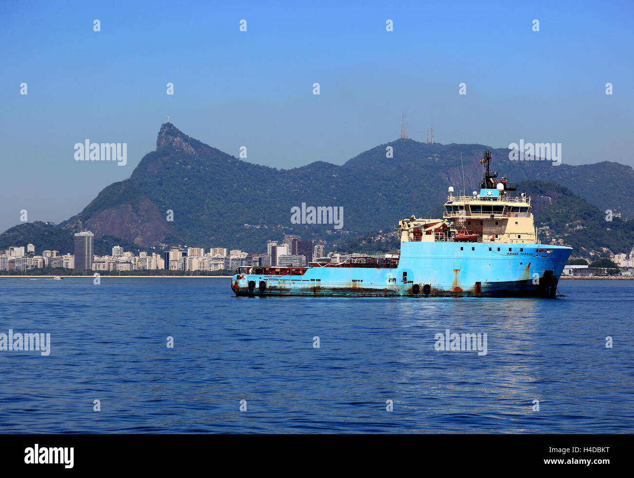 Cargo ferry in the bay. The Baia de Guanbara bay in the east Rio de ...