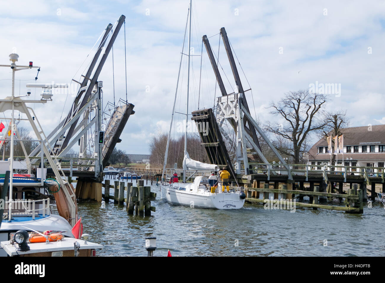 WIECK, GERMANY - APRIL 2, 2015: Historical bascule bridge in Wieck ...