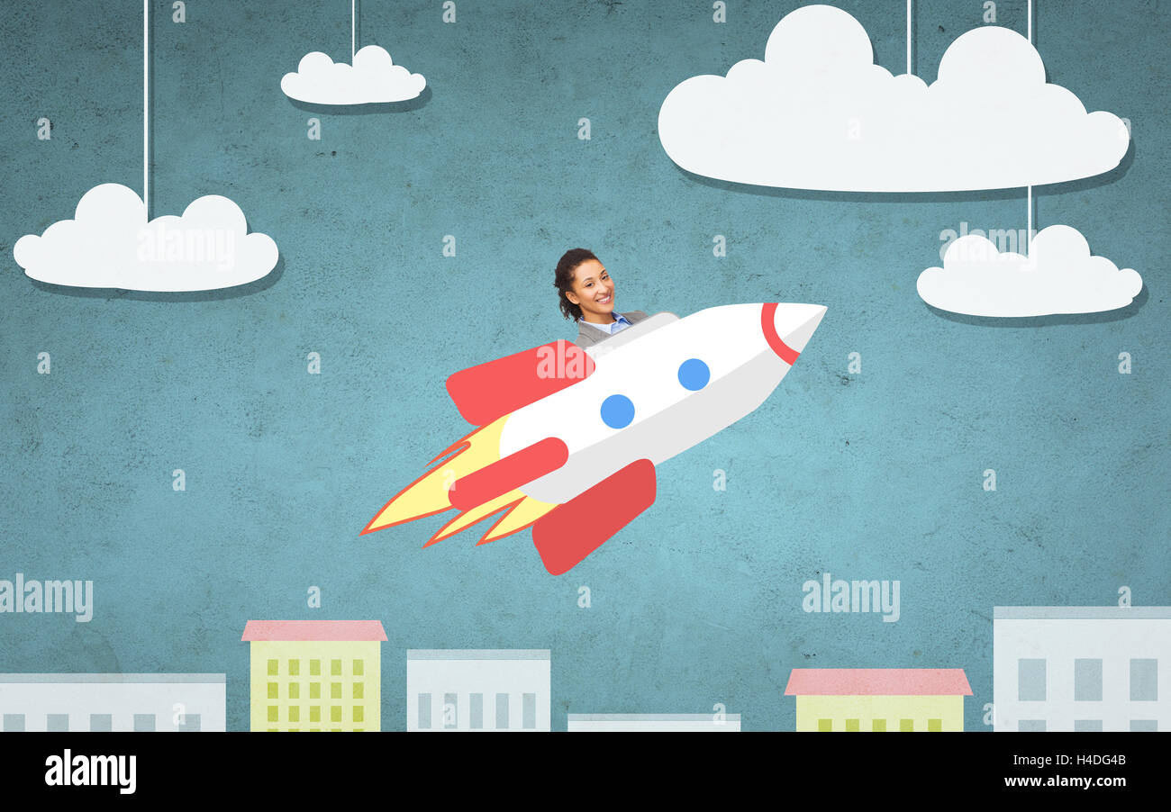 businesswoman flying on rocket above cartoon city Stock Photo - Alamy