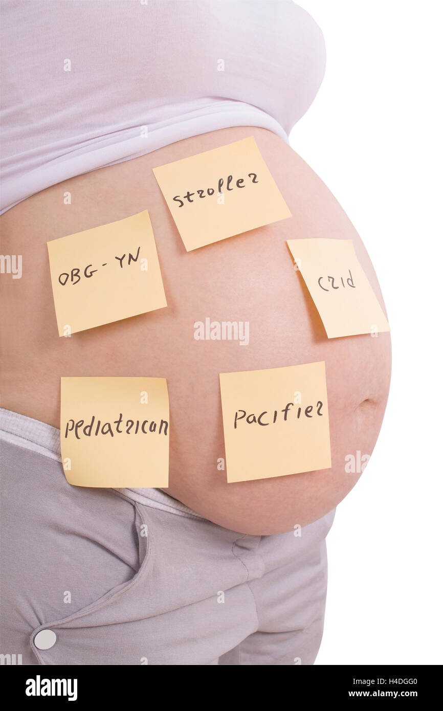 Рregnant belly and sticker notes, woman planning tasks isolated on ...