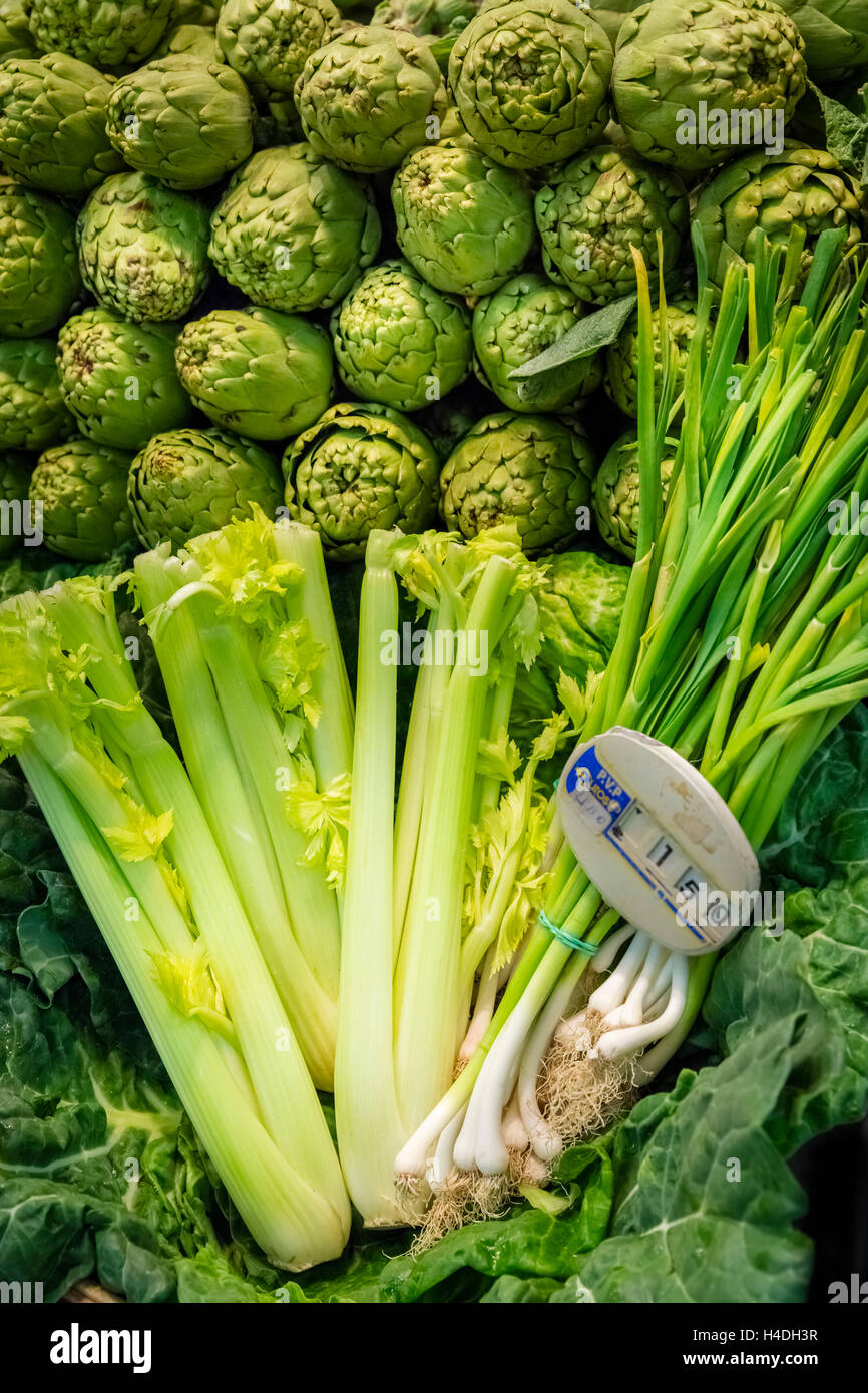 Artichokes, shallots, celery, food market in Palma de Majorca, Spain ...