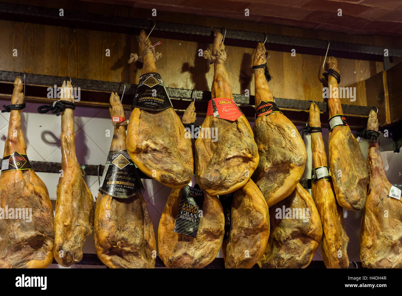 Ham, speciality, counter, food market in Palma de Majorca, Spain, the ...