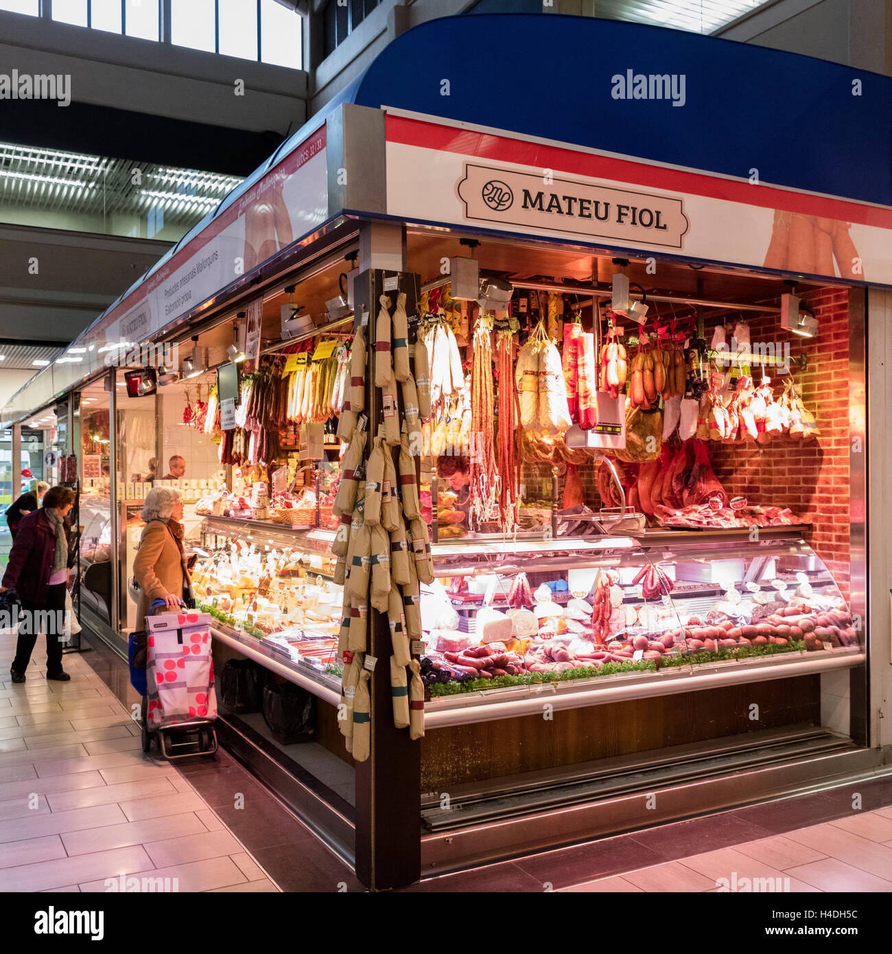 Sausage counter, ham, food market in Palma de Majorca, Spain, the ...