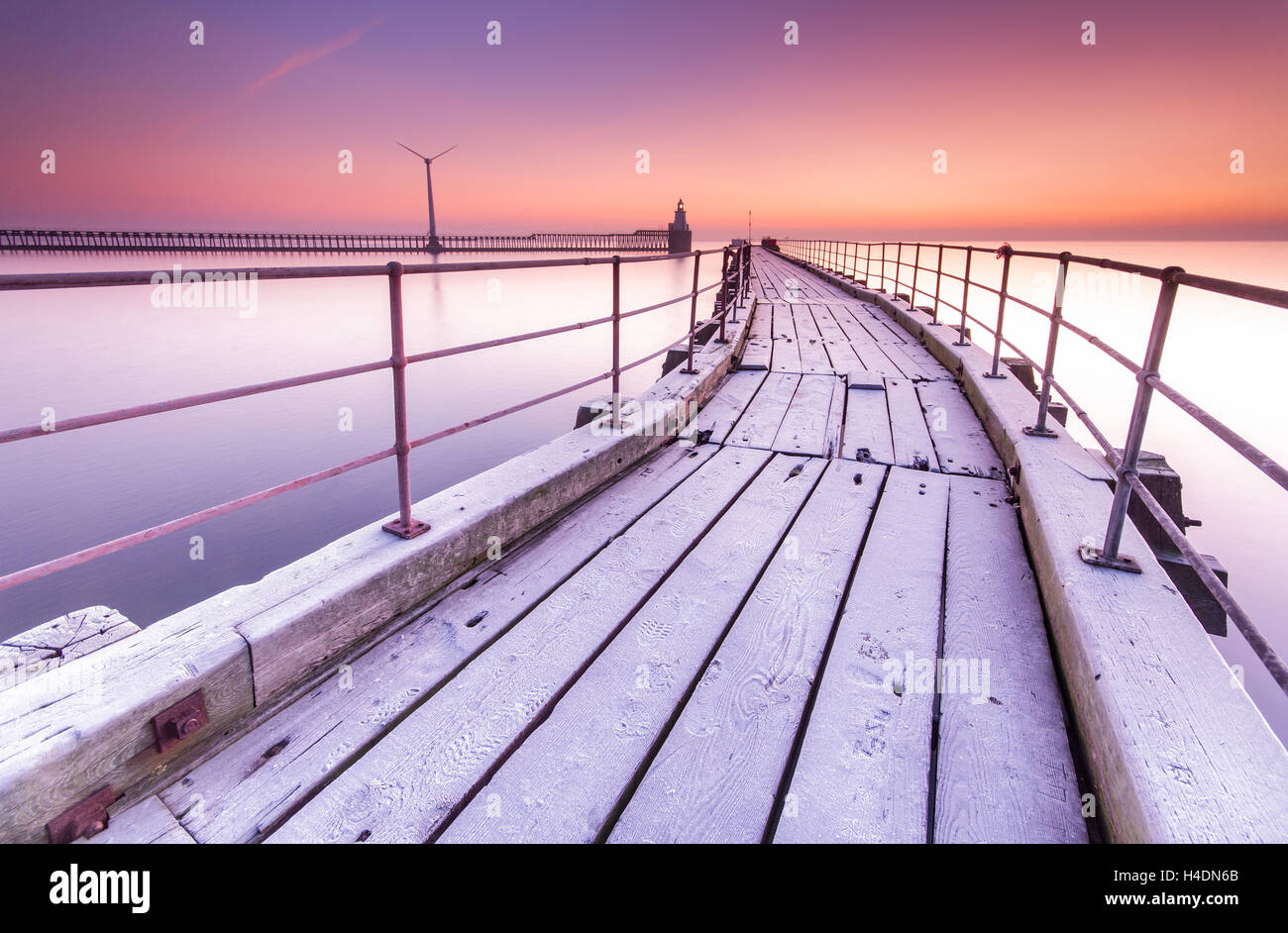 Blyth pier on the Northumberland coast at Blyth Harbour, an old wooden ...