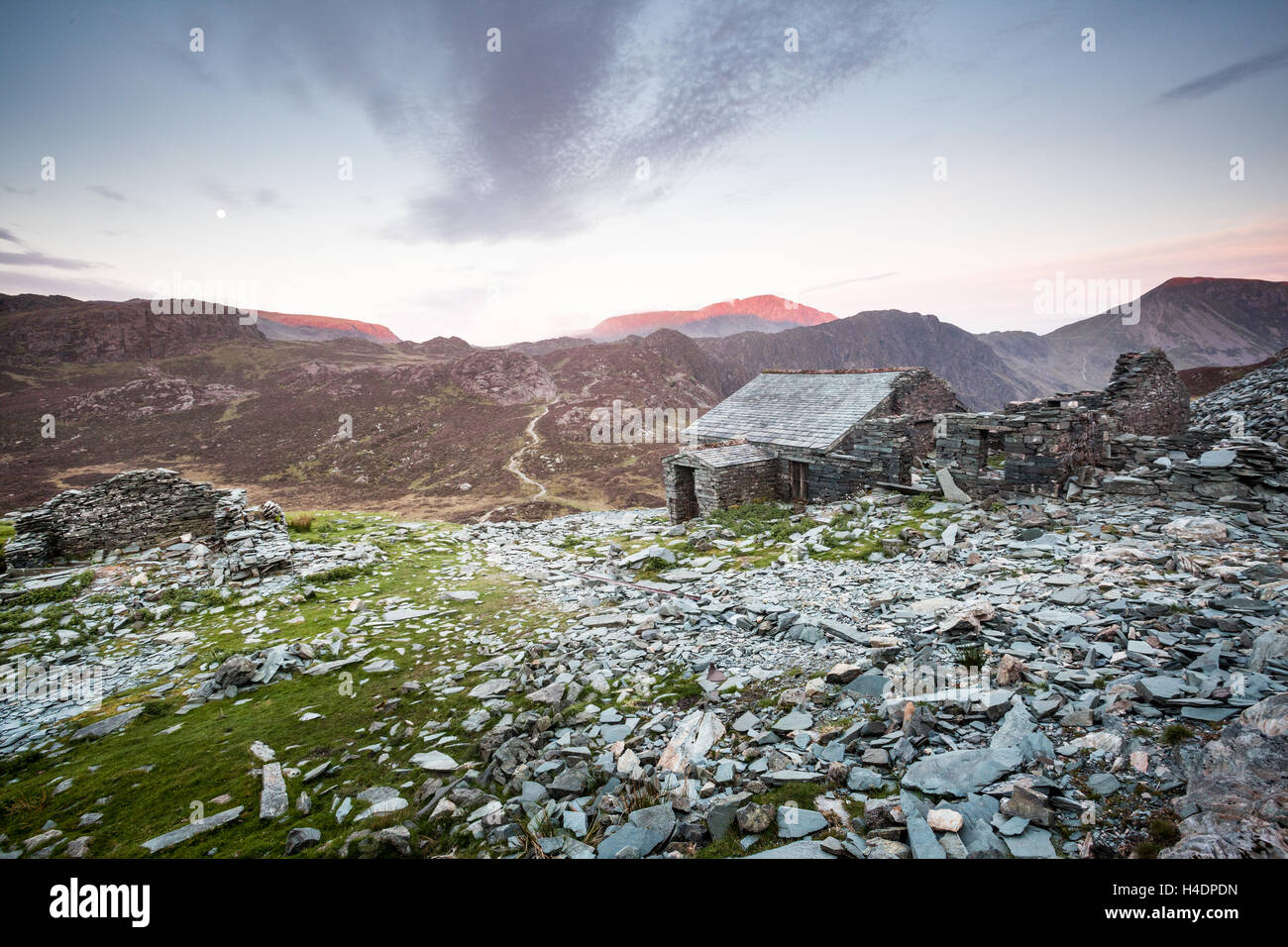 Dubs Hut and quarry on the side of Fleetwith Pike overlooking Haystacks ...