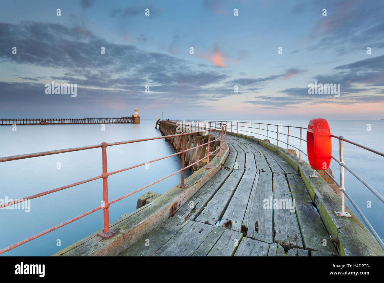 Blyth pier on the Northumberland coast at Blyth Harbour, an old wooden ...
