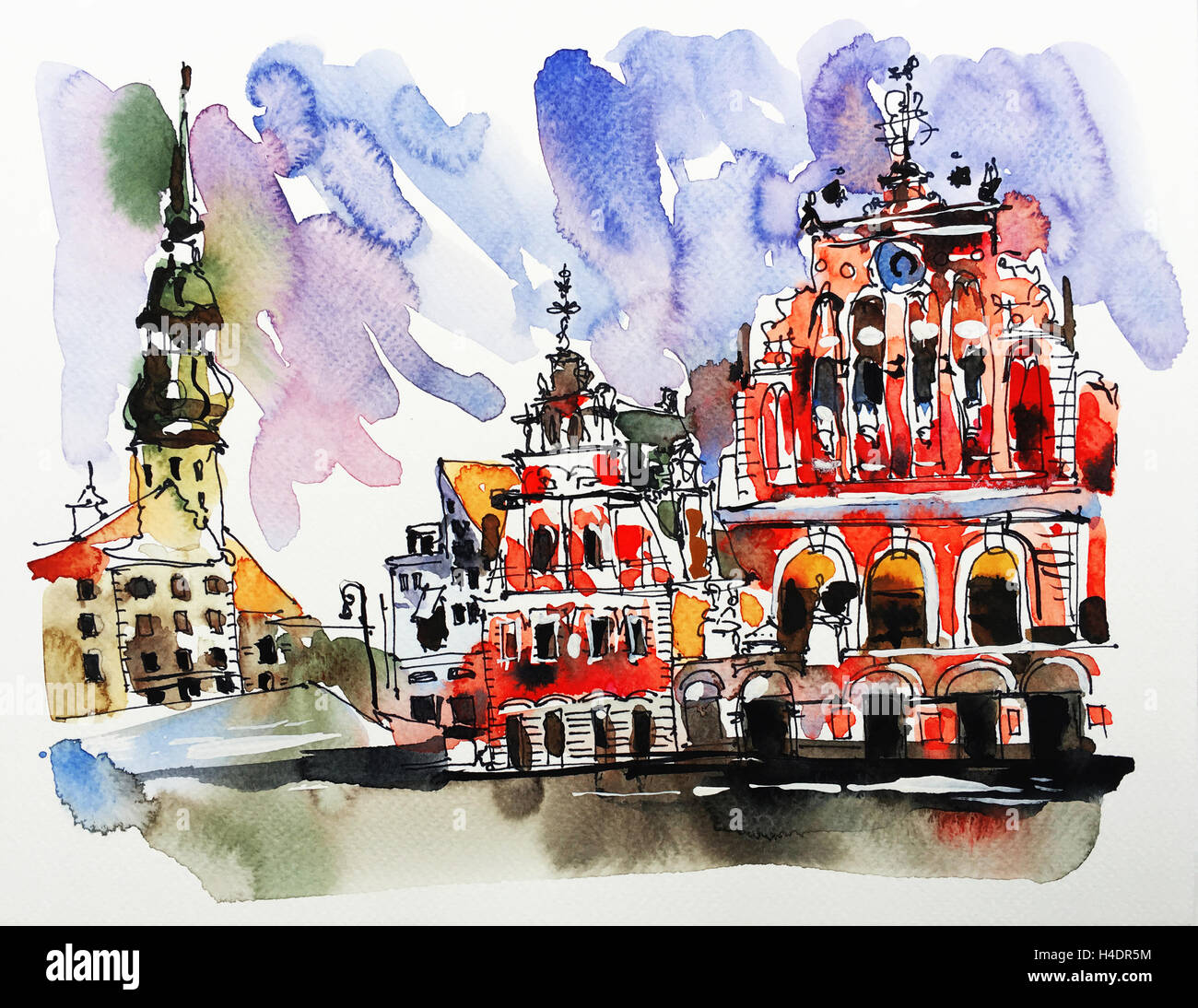 watercolor sketch painting of old town Riga Latvia top view city Stock ...
