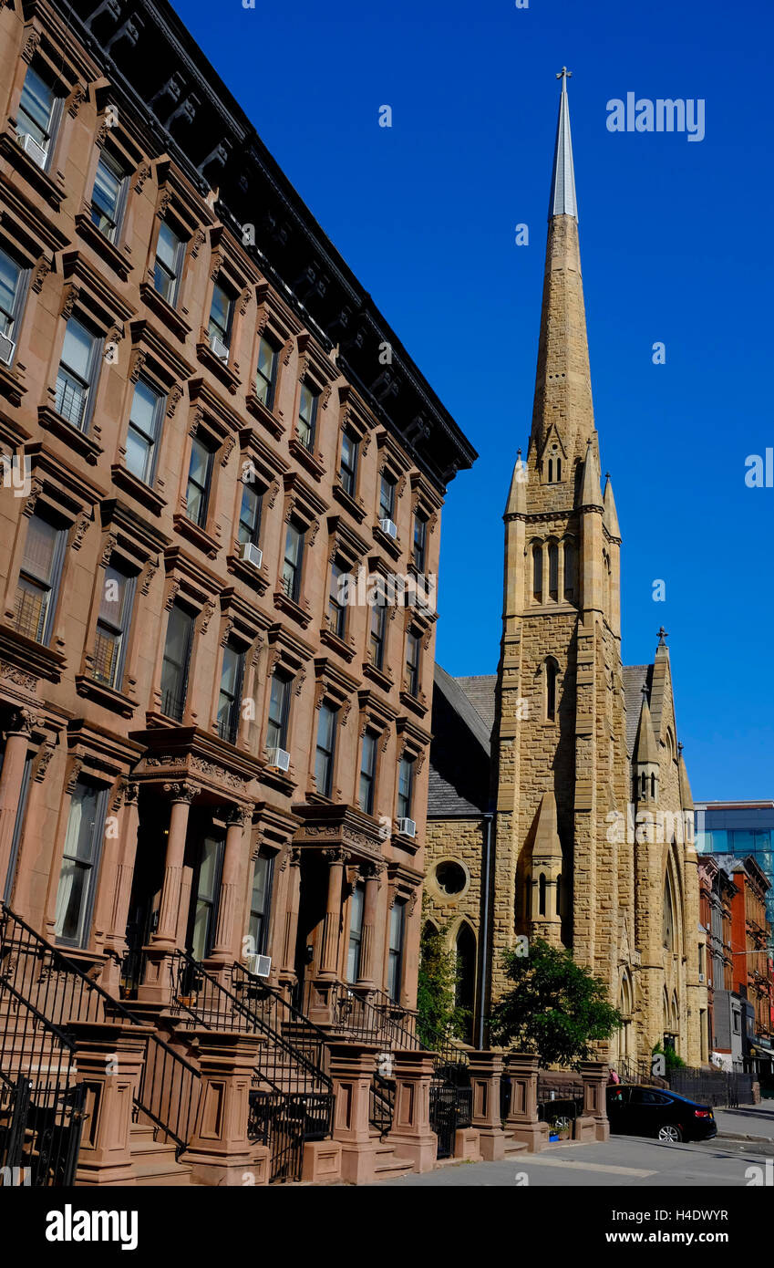 Brownstone apartment building on Lenox Avenue with Ephesus Church of ...