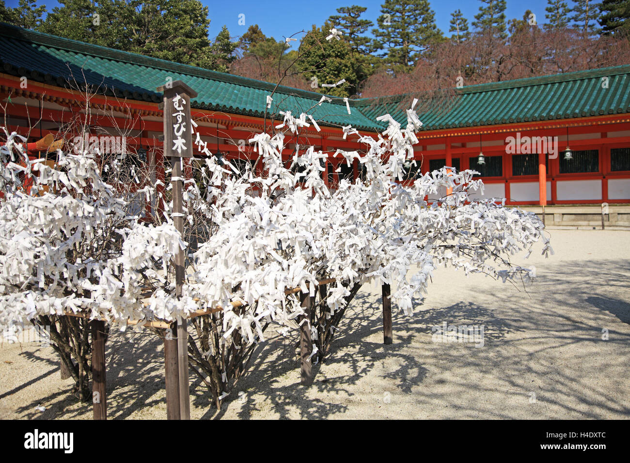 Japan, Kyoto, Heian-jingu Shrine, good fortune telling papers tied to ...