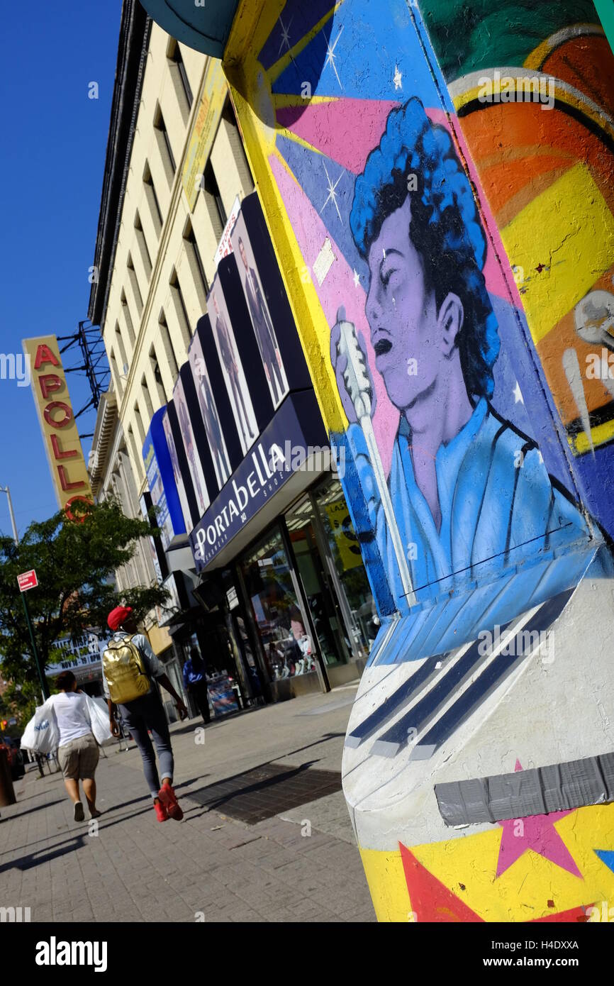 Street mural on 125th street with the sign of Apollo Theater in the ...